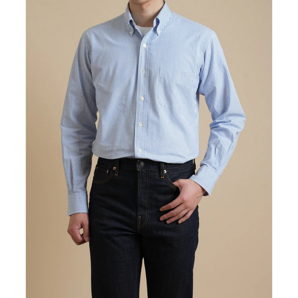 Kamakura Shirt Vintage IVY Button Down Seersucker Blue stripe – HANNAGANS